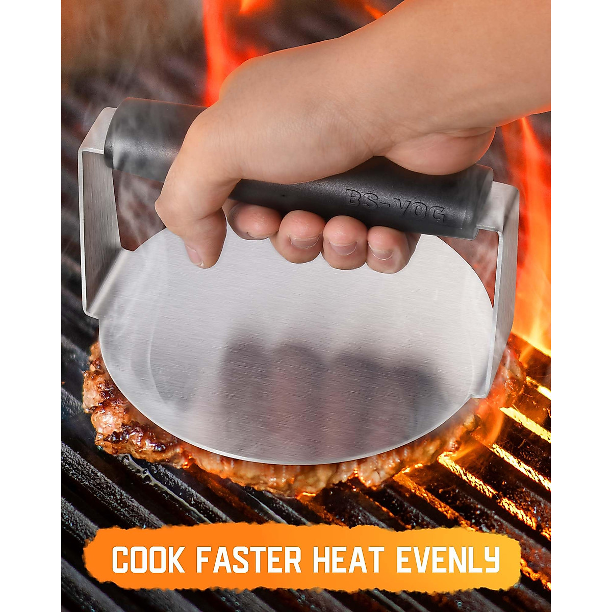 BS-VOG Burger Press, 6 Inch Round Burger Smasher for Griddle with Anti-Scald Handle, Non-Stick Smooth Stainless Steel Hamburger Press, Grill Press for Flat Top Grill Cooking, Gift Package