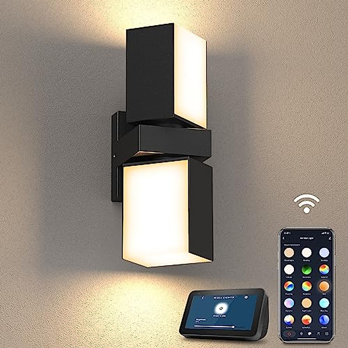XMCOSY+ Outdoor Wall Lights, 1400LM LED Wall Sconces, Smart RGBW Porch Lights Black Exterior Wall Lighting, WiFi APP Control, Works with Alexa, Adjustable Dual-Head IP65 Waterproof Wall Lanterns (1PK)