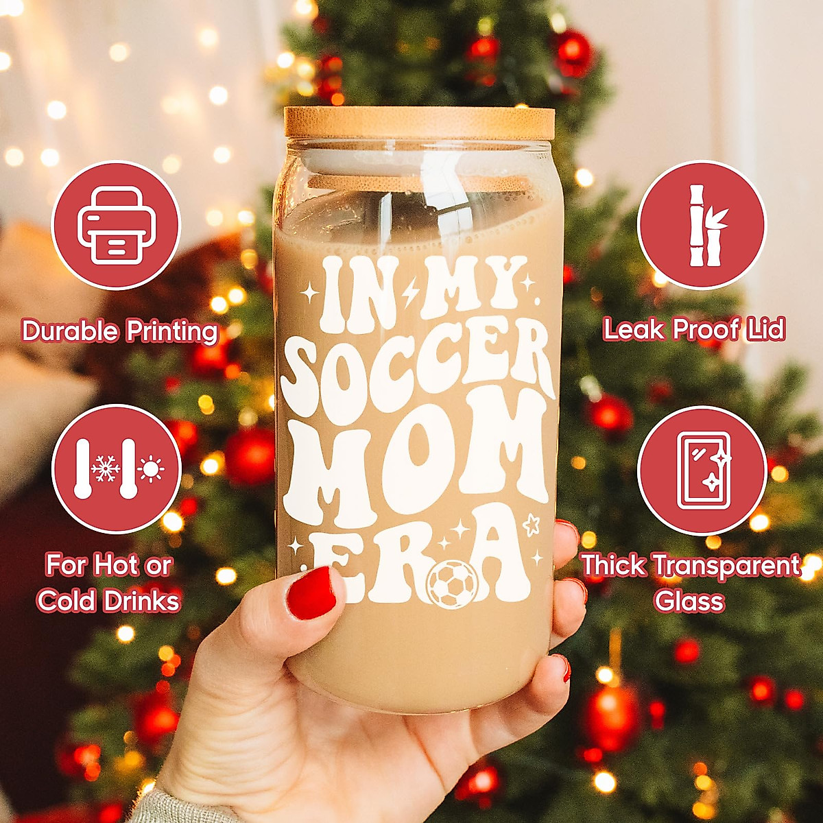 Fairy's Gift Soccer Mom Iced Coffee Cup, Soccer Mom Gifts, 16 oz Coffee Glass Cups with Lids Straws, Soccer Mom Essentials - Soccer Mom Era - Christmas, Birthday Gifts for Soccer Mom, Football Mom