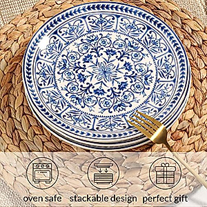 Sonemone 8.75 Inch Marrakesh Tile Floral Salad Plates, Blue Ceramic Plates Set of 4, for Salad, Pasta, Pancakes, Steak, Microwave & Dishwasher Safe