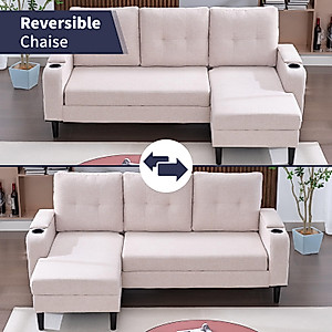 ijuicy 80" Sectional Sofa Bed, Modern Tufted Linen Convertible Sofa, Pull Out Couch Bed w/Storage Armrests,Cup Holders, 3 Seat L Shaped Couch,Reversible Sleeper Couches for Living Room (Beige)