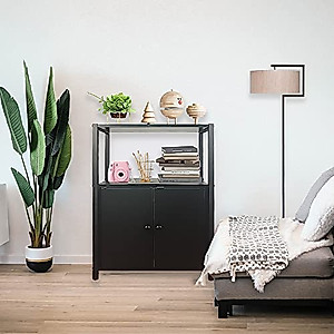 Jahof 2-Layer Industrial Bookshelf, Bookcase with 2 Doors, Standing Storage Cabinet for Living Room, Home Office, Bedroom, Washroom, Kitchen (2-Tier, Black)