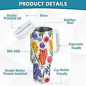 linqin Colourful Florals White Vacuum Tumbler Insulated with Lid and Straw 30 oz Running Water Bottle Reusable Travel Coffee Mug for Home, Office or Car