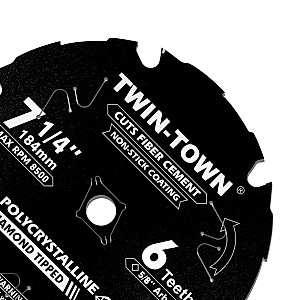 TWIN-TOWN PCDT71406 7-1/4 Inch 6 Tooth Polycrystalline Diamond Tipped (PCD) Hardie Fiber Cement Saw Blade with 5/8 Inch Arbor