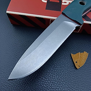 Buschcrafter 162 fixed blade tactical knives 4.43" D2 Satin Blade Outdoor Knife with Green G10 Handle Leather Sheath