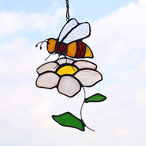 HAOSUM Bee Suncatcher Flower Stained Glass Window Hangings, Bee Decor Party Birthday Bee Gifts for Women,Bee Lovers, Housewarming Gifts.