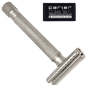 The Parker Variant ADJUSTABLE Double Edge Safety Razor, Customize your Shave with a Turn of the Dial from Mild to Aggressive - 5 Blades Included (SATIN CHROME)