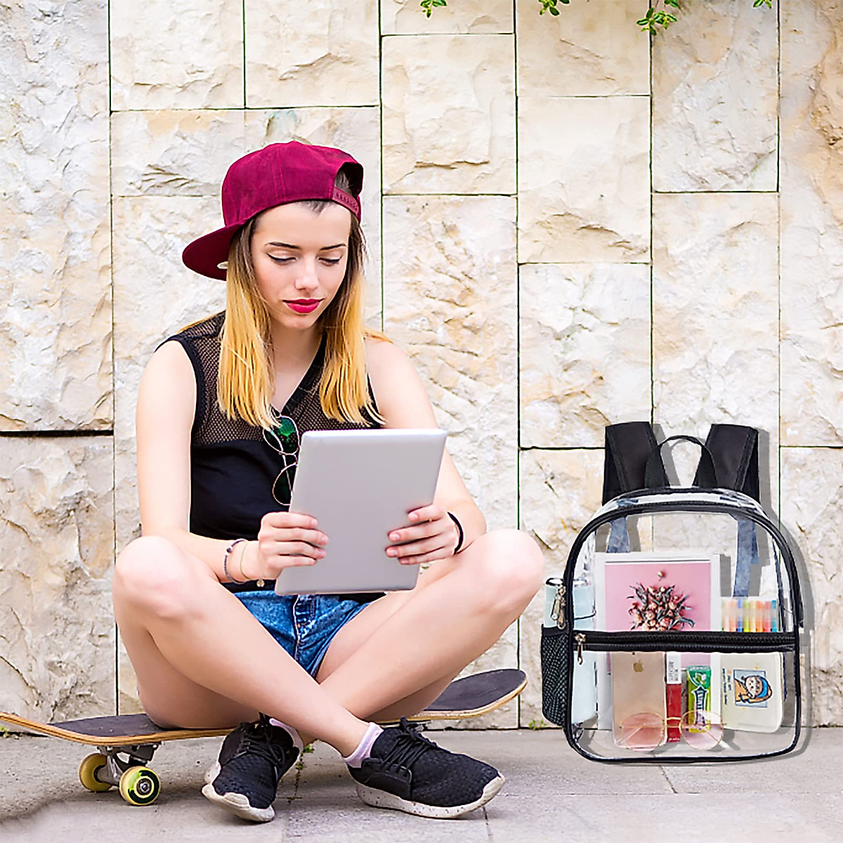 Vikcnitor Clear Mini Backpack Stadium Approved, Heavy Duty Waterproof Clear Bookbag for Concerts, Work, Sport Events-Black