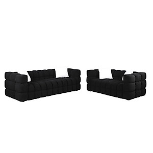 Wrofly 2 Piece Boucle Sofa Couch Set, Comfy Tufted 3 Seater and 2 Seater Love Seat Sofa for Living Room Apartment Office, Black