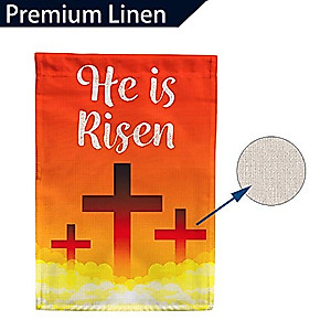 PAMBO He is Risen Religious Easter Garden Flags Burlap Vertical Double Sided, Cross Yard Outside Decoration 12x18 Inch