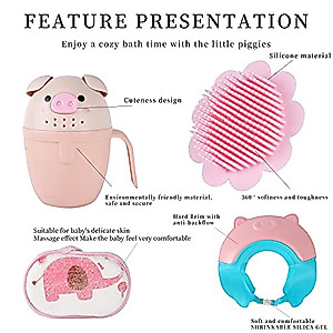 DOOBAANN Baby Bath Set,Silicone Bath Brush,Baby Shower Cap,Bath Rinse Cup,Baby Bath Sponge(Pink)