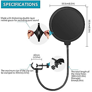 Neewer Professional Microphone Pop Filter Shield Compatible with Blue Yeti and Any Other Microphone, Dual Layered Wind Pop Screen With A Flexible 360 Degree Gooseneck Clip Stabilizing Arm