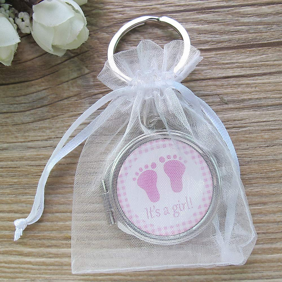 12 PCS Personalized Baby Shower Pink Girl Mirror Keychain Favors with Baby Footprint Design Custom Engraving Gift