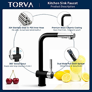 TORVA Black Pull Down Kitchen Faucets, Stainless Steel Kitchen Sink Faucet with Pull Out Sprayer Single Handle with Deck Plate, Matte Black