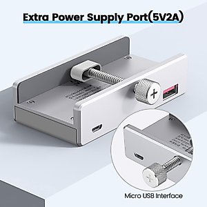 ORICO USB 3.0 Hub, USB Hub Clamp, Aluminum 4-Port USB Splitter with Extra Power Supply Port and 4.92 FT USB A to USB A and USB A to USB C Cable, Desktop Powered USB Hub for Monitors/Desks-Silver
