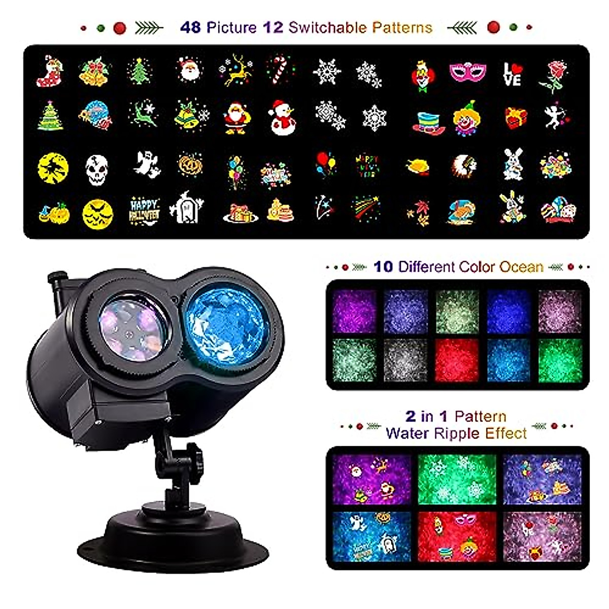 Temgin Christmas Projector Lights Outdoor, 2-in-1 48 HD Effects Patterns & 10 Ocean Wave Snowflake Projectors with Remote Control Timer, IP65 Holiday Light Projector for Xmas Halloween Home Party
