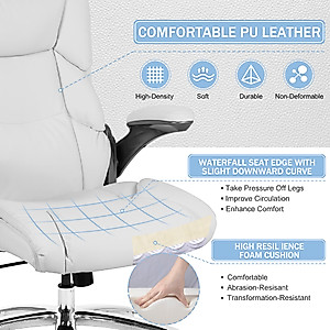 400lbs Big and Tall Office Chair Ergonomic Adjustable Rolling Swivel PU Leather Desk Chair with Padded Flip-up Armrest, High Back Executive Lumbar Support Task Work Chair for Heavy People,White