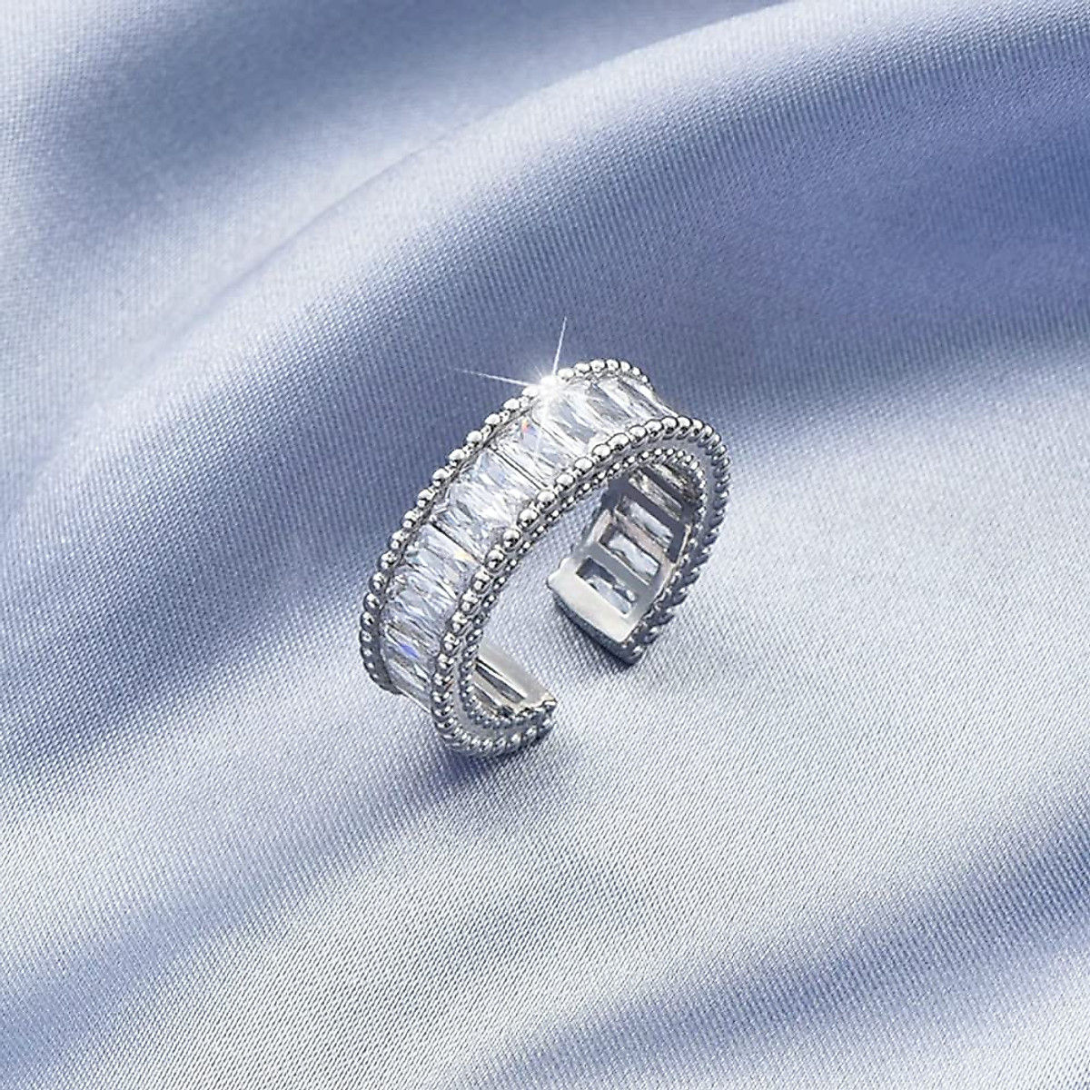 ABJFJE Rdjustable Rainbow Baguette Band Ring Anniversary Eternity Band Cubic Zirconia Ring Crystal Wedding Cocktail Rings Fashion Luxury Jewelry for Women (Silver White)