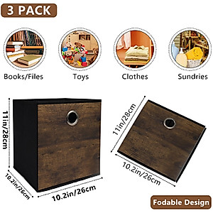 Sturdy Storage Bins with Exquisite Wood Grain Pattern,Thickened Fabric Cube Baskets,Open Container box for Organizer Shelf,Cabinet,Closet,Bookcase,Nursery,Office,Home,Storeroom,10.2x10.2x11in,Set of 3
