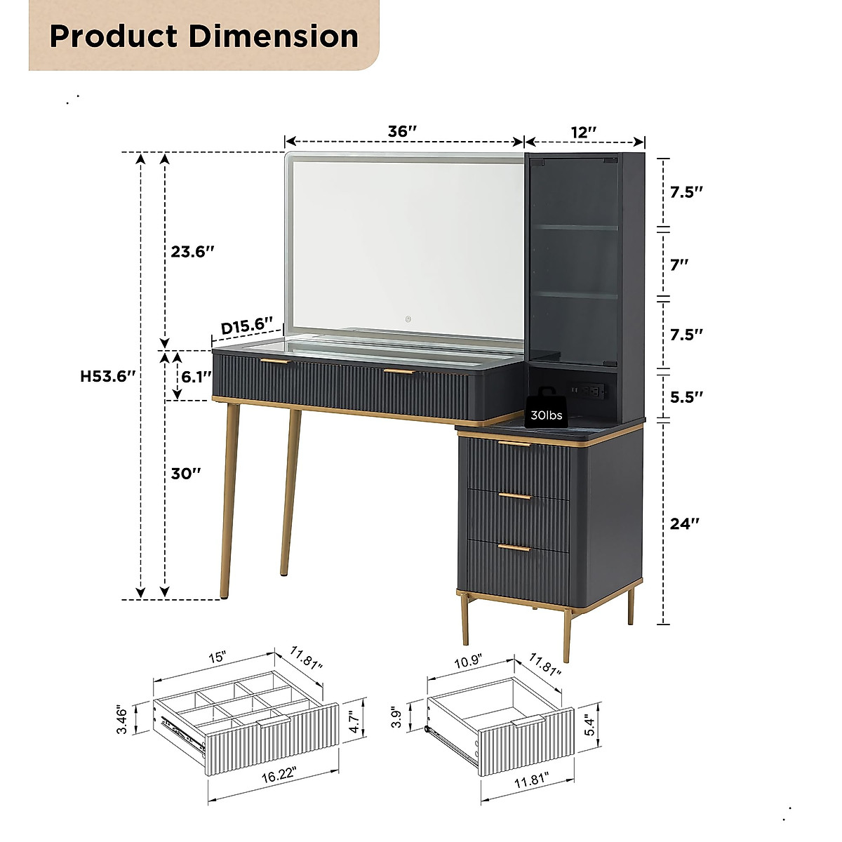 T4TREAM Fluted Makeup Vanity Desk with 36" HD Lighted Mirror, 48" Big Modern Vanity Desk with Mirror and Lights, Dressing Table with 5 Drawers & Shelves, Glass Top for Bedroom, Dark Grey