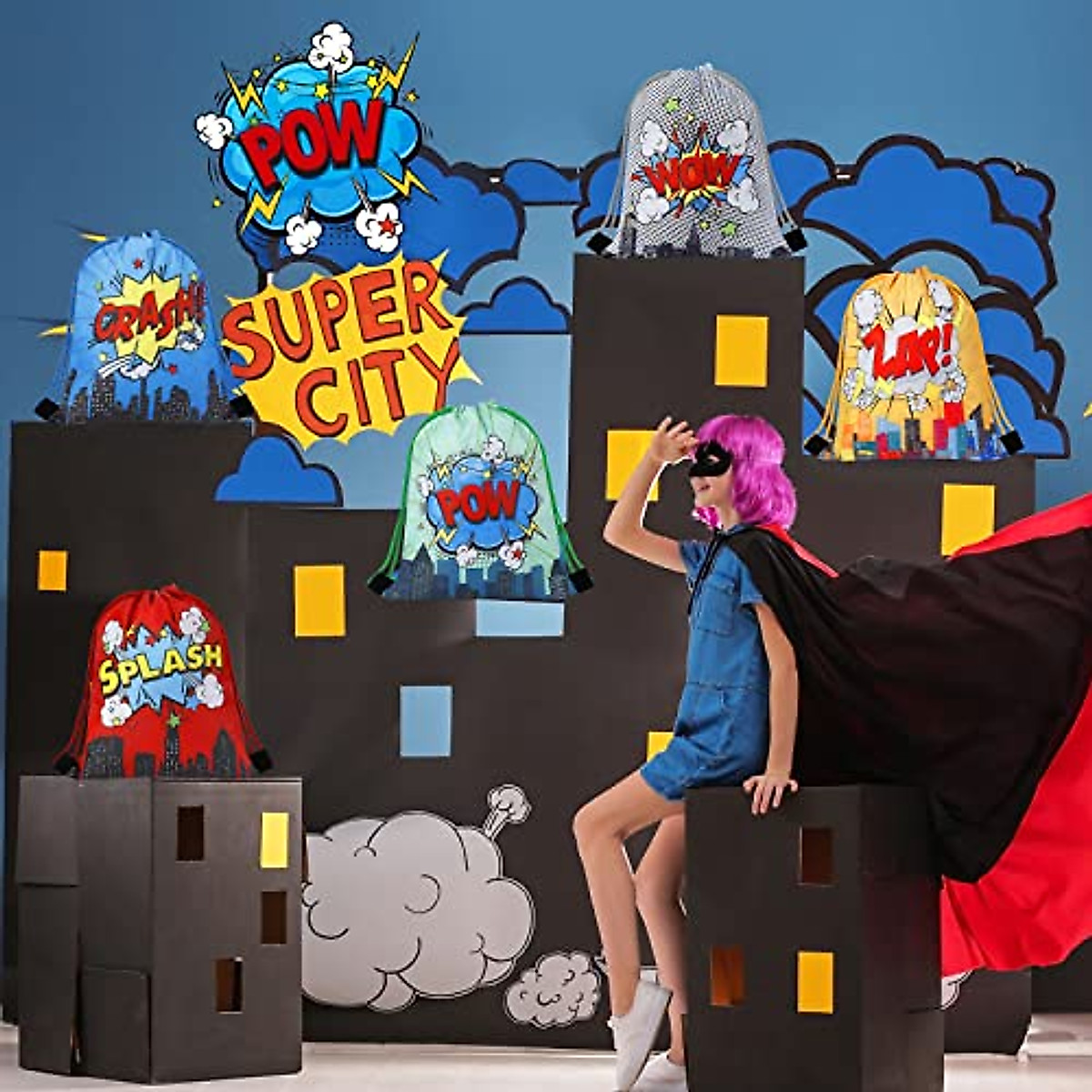 12 Pcs Hero Party Favors Bags Comic Heroes Drawstring Bag Backpacks Goodie Candy Gift Bags Boom Hero Theme Birthday Decoration Supplies Kids Boy Classroom Rewards Prize Treat Bag (Hero, 10 x 12 Inch)