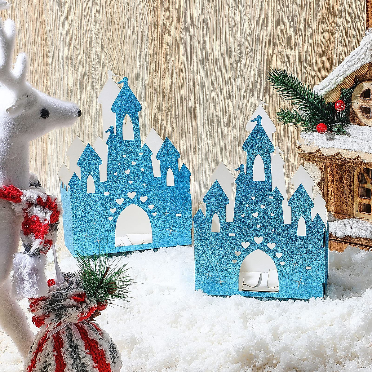 20 Pieces Princess Birthday Party Decorations Blue Castle Boxes Glitter Party Favor Popcorn Boxes Princess Castle Table Centerpiece Bridal Party Decorations for Girls, 3.5 x 2 x 5.9 Inch