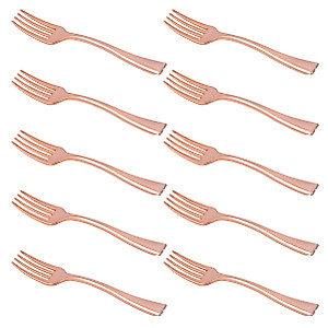 Cabilock 24pcs Disposable Mini Fork Fruit Dessert Pudding Forks Mini Plastic Tasting Forks for Appetizer Desserts Cocktail Cake Fruit Wedding Party Rose Gold