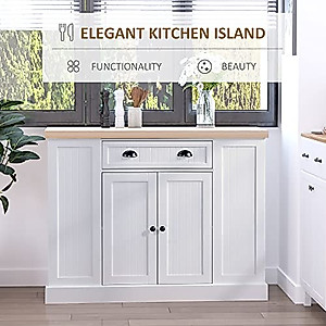 HOMCOM Fluted-Style Wooden Kitchen Island, Storage Cabinet w/Drawer, Open Shelving, and Interior Shelving for Dining Room, White