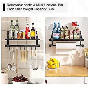 Love-KANKEI Floating Shelves for Coffee Bar,Bathroom Shelves with Towel Bar, Wall Shelves with 8 Hooks for Kitchen, 17.3 Inch Storage Shelves Set of 2 for Bedroom,Living Room，Black