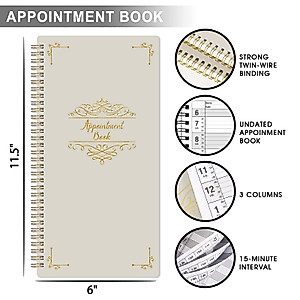 Appointment Book – Undated Salon Appointment Book, Daily＆Hourly Schedule Book with 200 Pages, 6 AM - 9 PM, 15 Minute Intervals Day Planner, 6’’ x 11.5’’, 3 Column, Twin-Wire Binding, Hardcover