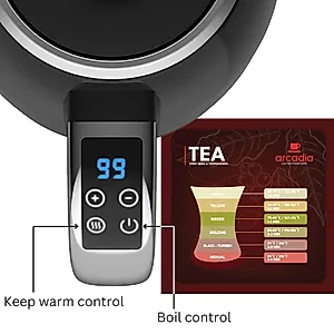 Arcadia Electric Turkish, Black and Herbal Tea Maker and Kettle, Stainless Steel, Temperature Control, LED and Dial Display, Auto Shut-off, Boil-Dry Protection, Black, 1.7L (1.5qt), 120V, 1500W