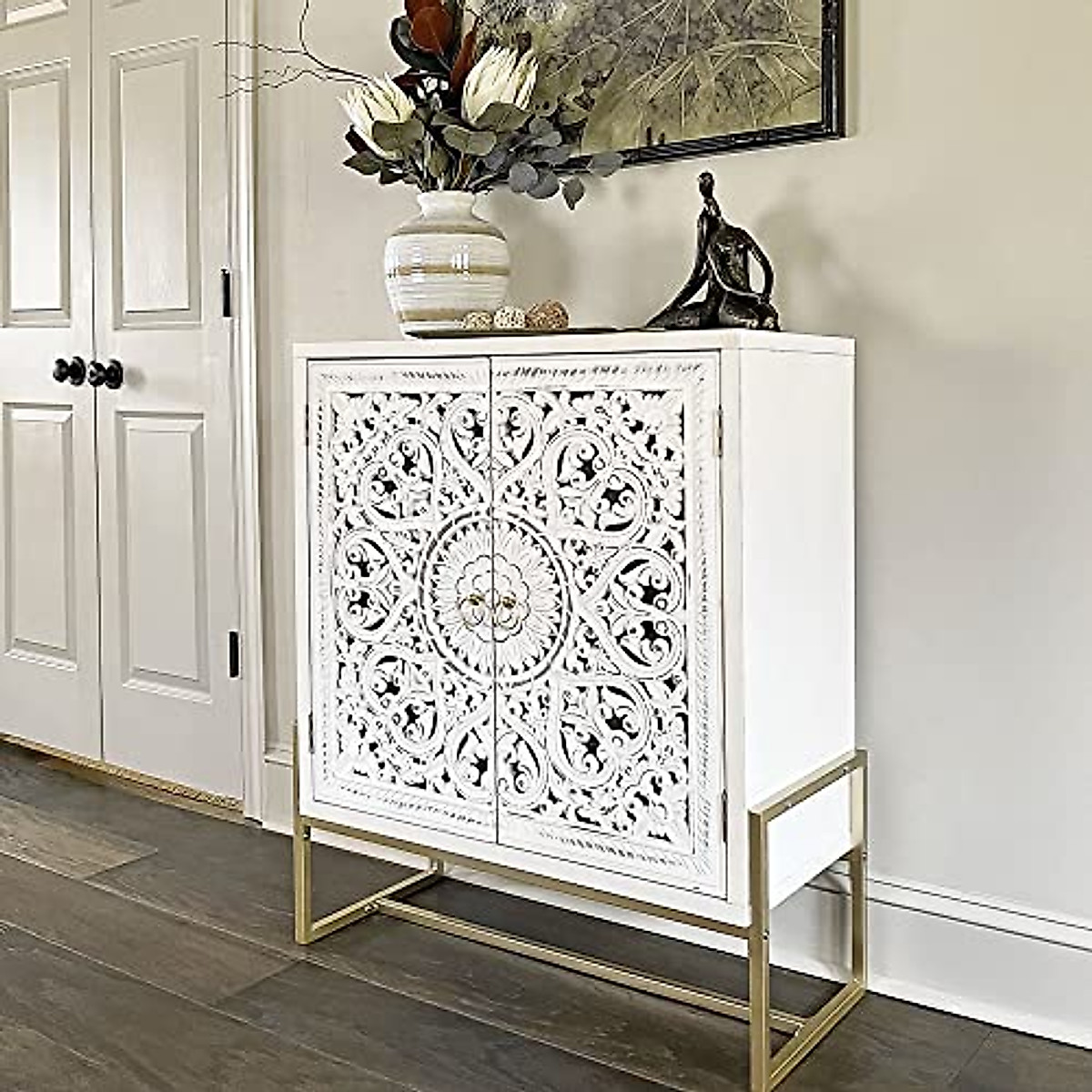 PHI VILLA White Accent Cabinet Storage Cabinet with Doors Buffet Cabinet Pantry Cabinet Sideboard for Dining Room Hollow Carved