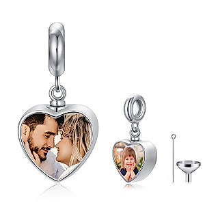 Personalized Heart Photo Cremation Urn Charm for Ashes Silver Custom 2 Picture Image Bead Fit Snake Bracelet Keepsake Memorial Locket for Women Mom (Double Love-2 Photos）