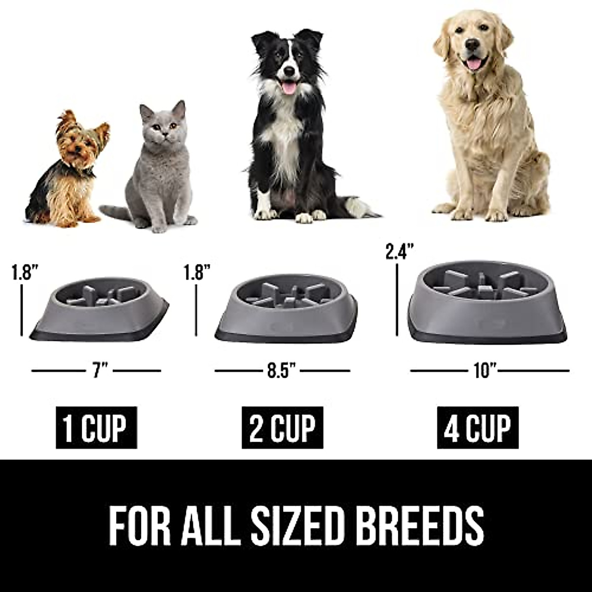 Gorilla Grip Slip Resistant Slow Feeder, 4 Cups, Cat and Dog Bowl, Slows Down Pets Eating, Prevent Overeating, Feed Small, Large Pets, Fun Puzzle Design, Dogs Cats Bowls for Dry and Wet Food, Gray