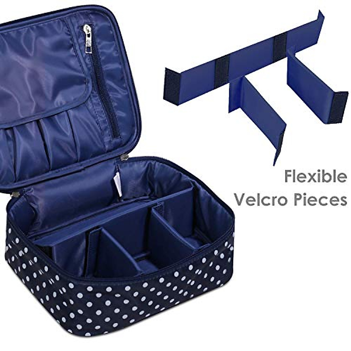 Narwey Travel Makeup Bag with Brush Compartments，Portable Cosmetic Bag，Make up Bag Makeup Organizer Case with Brush Storage for Women(Blue Polka Dot)