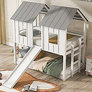 Polibi Twin-Over-Twin Wooden House Bunk Bed with Slide, Windows, Ladder and Guardrails, Twin Size White House Bunk Bed