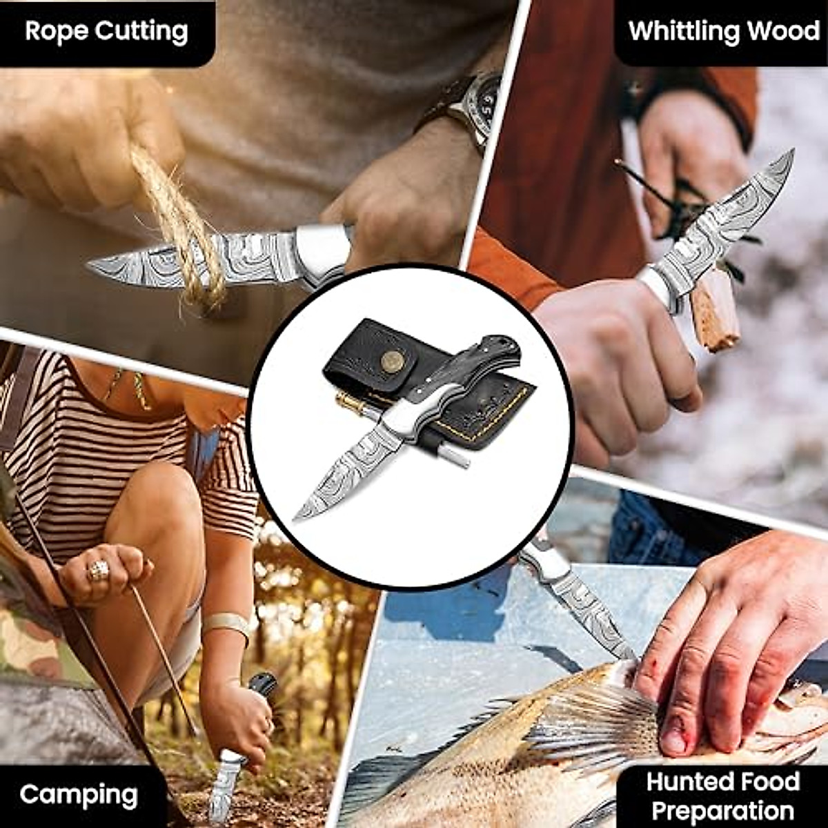 CONECTAX Handmade Damascus Pocket Knife 6.5'' - Sharp Core Folding Knife with Liner Lock - Damascus Knife with Sharpener and Leather Sheath - For Hunting, Outdoor Survival, Camping - Damascus Hunting Knife - Gift for Men, Husband, Boyfriend