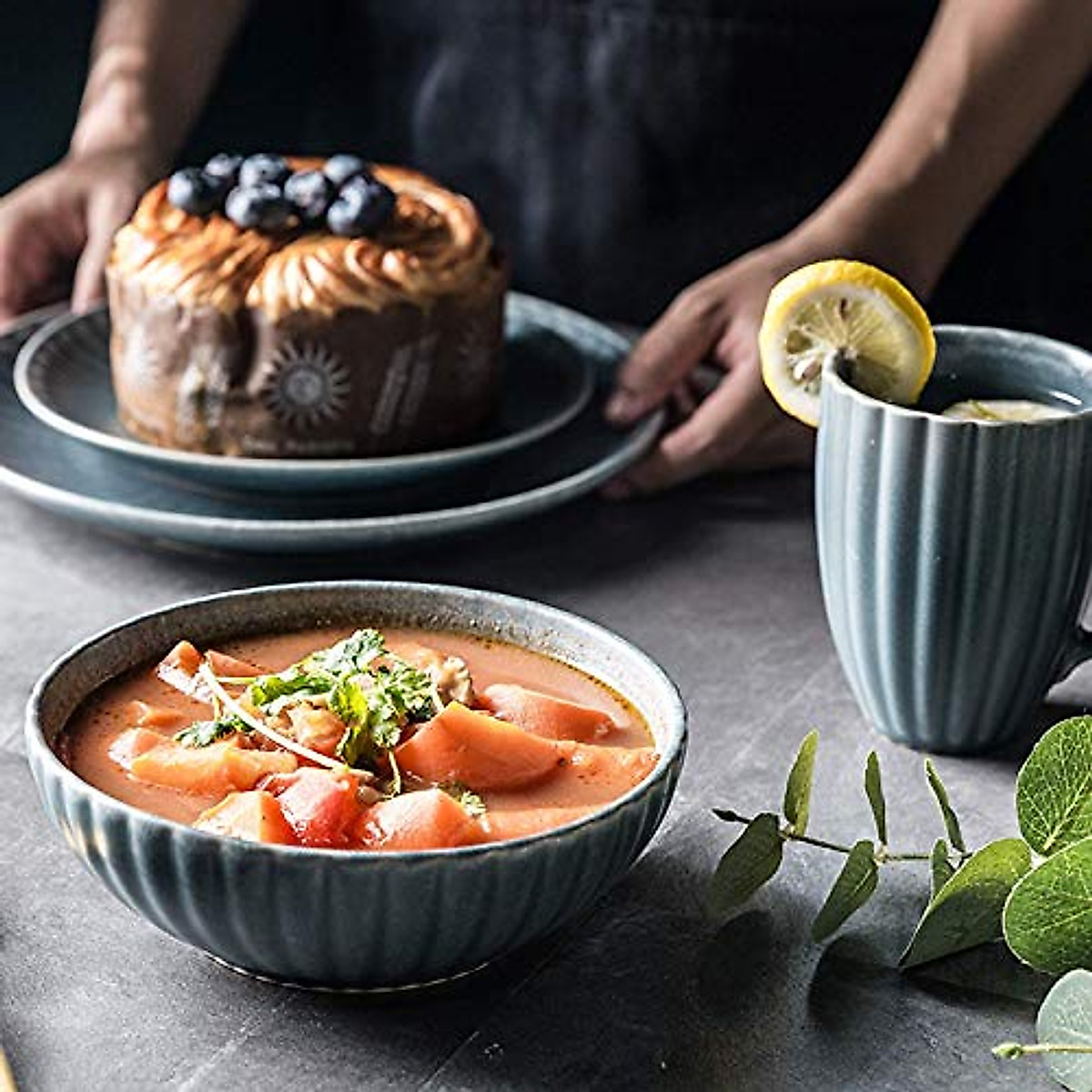 GagalU Dinner Set,Porcelain Dinnerware Sets, Retro Style Three-Dimensional Relief Cereals Bowls and Steak Plates Sets | 22 Pieces Ceramics Dinner Combination Set with Mug