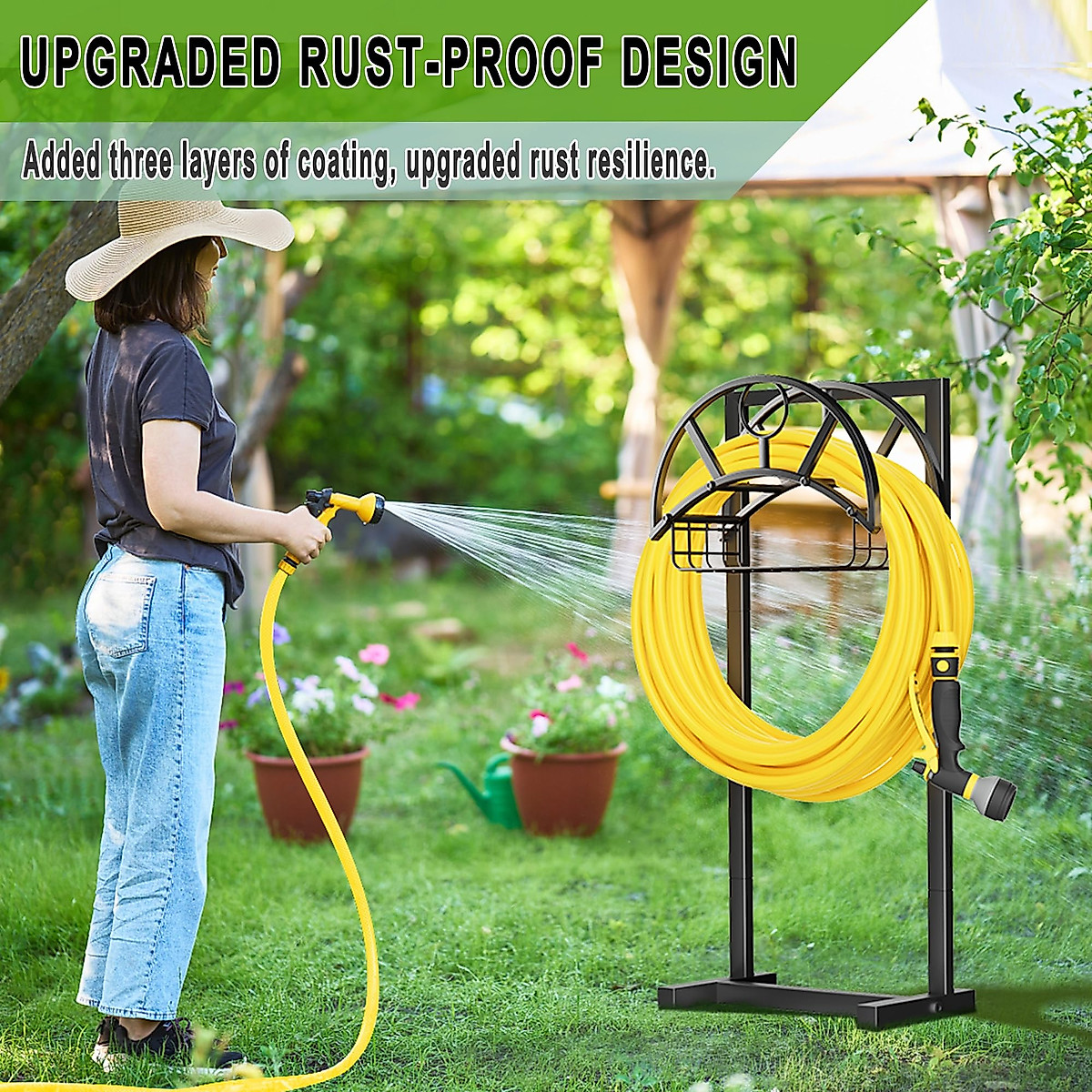Yalivon Garden Hose Holder Freestanding, Water Hose Holder Stand Holds 160-Feet Hose, Heavy Duty Hose Stand Hose Hanger Outdoor Hose Organizer Sturdy Garden Hose Storage Rack for Outside