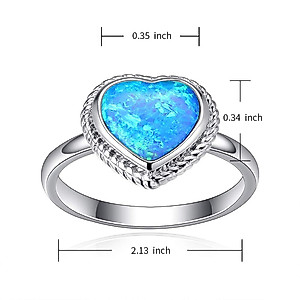 FANCIME Valentines Day Ring Gifts Sterling Silver Created Blue Opal Ring Heart Women Rings Dainty Engagement Ring for Women Size 7