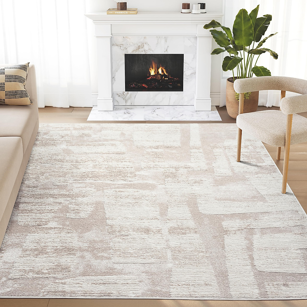 Abani Cream Area Rug for Living Room, Bedroom - Block Pattern- 8' x 10' -Durable & Easy to Clean