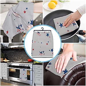 Zadaling Cotton Kitchen Towels July 4th Independence Day American USA Flag Day Theme Blue Red Stars Grey Kitchen Dish Cloths,Soft Absorbent Dish Towels,Bar Towels/Hand Towels for Bathroom 2 Pack
