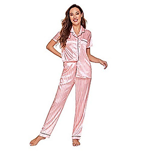 WDIRARA Women's Sleepwear Striped Satin Short Sleeve Shirt and Pants Pajama Set Pink S