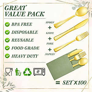 Tioncy 100 Pack Gold Plastic Silverware Cutlery Set Dinner Napkins with Built in Flatware Pocket Disposable 100 Forks Spoons Knives and 100 Like Cloth Paper Napkins for Dinner Wedding Party (Green)
