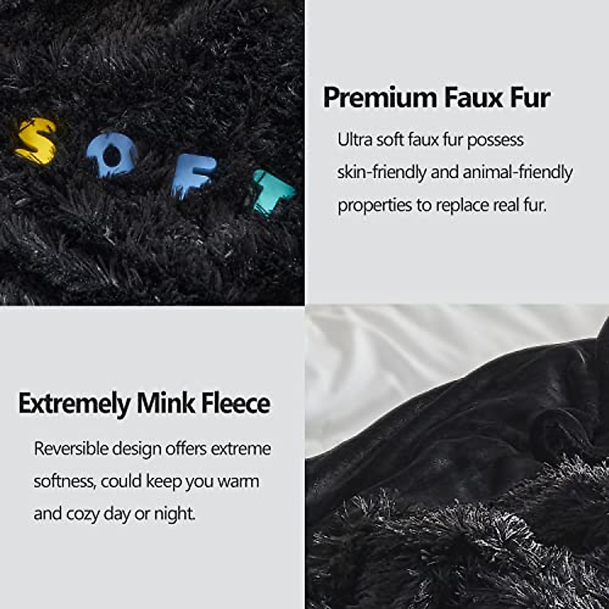 GONAAP Fuzzy Faux Fur Throw Blanket Black Super Soft Cozy Plush Fuzzy Shaggy Blanket for Couch Sofa Bed (Black, Throw(50"x60"))