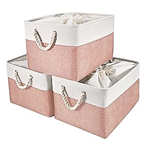 HOdo Home Fabric Storage Bin with Drawstring Closure and 2 Bold Handles, Collapsible Large Canvas Storage Baskets for Organizing Shelf Nursery Home Closet (White&Pink, 15.8L×11.8W×9.5H - 3Pack)