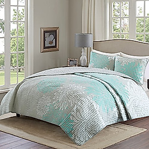 Comfort Spaces Enya Quilt Set - Casual Floral Print Channel Stitching Design, All Season, Lightweight Coverlet, Cozy Bedding, Matching Shams, Decorative Pillows, Full/Queen(90"x90"), Aqua 3 Piece