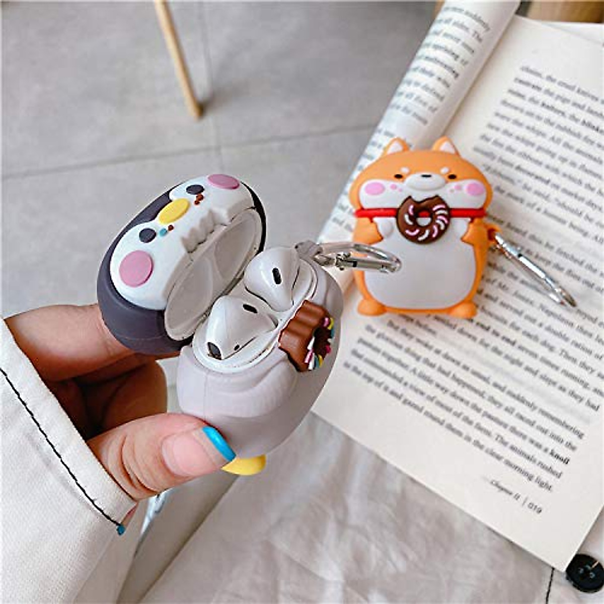 UR Sunshine AirPods 1/2 Case, Cute Standing Grey Penguin Holding Donut in Hand Shape AirPods Cover Case, Soft Silicone Gel Kawaii Puppy Charging Earphone Case for AirPods 1/2 +Hook