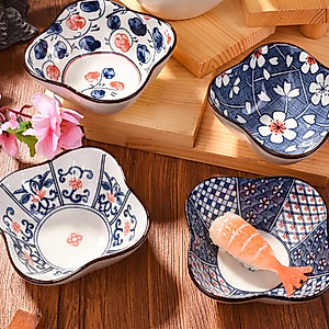 BOSILI Sauce Bowl Set of 6-4 OZ Sauce Plate, 6 Different Pattern Dipping Bowls/Dish, Mini Small Bowls for Soy Sauce, Ketchup, Condiments, Salad Dressing, Spices