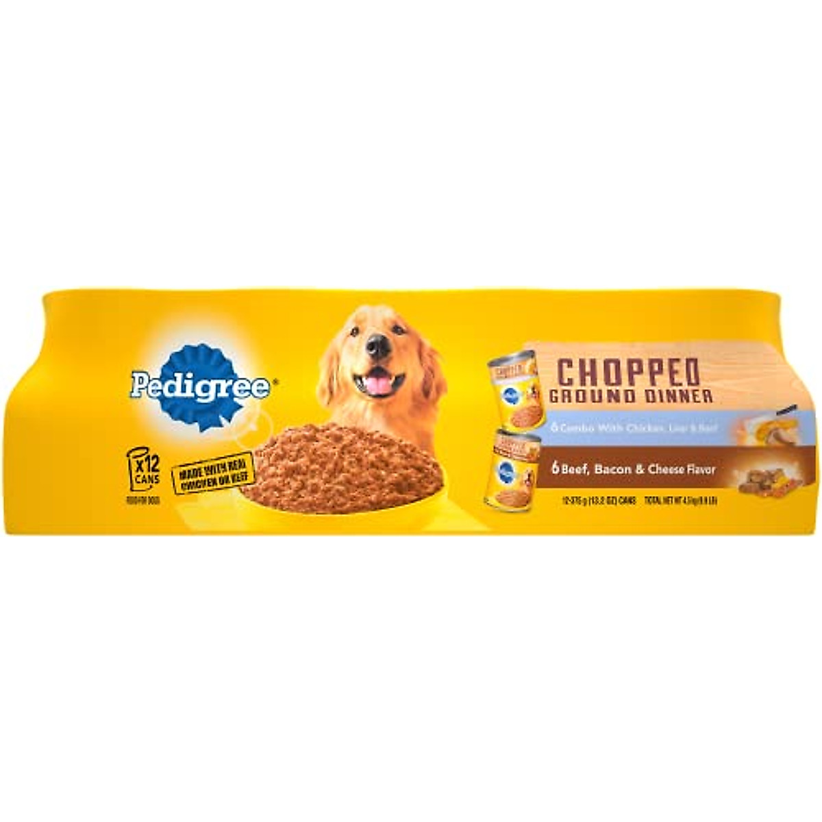 Pedigree Ground Dinner Wet Dog Food Variety Pack, Chicken, Beef and Liver, Beef, Bacon and Cheese, 13.2 Ounce (Pack of 12)